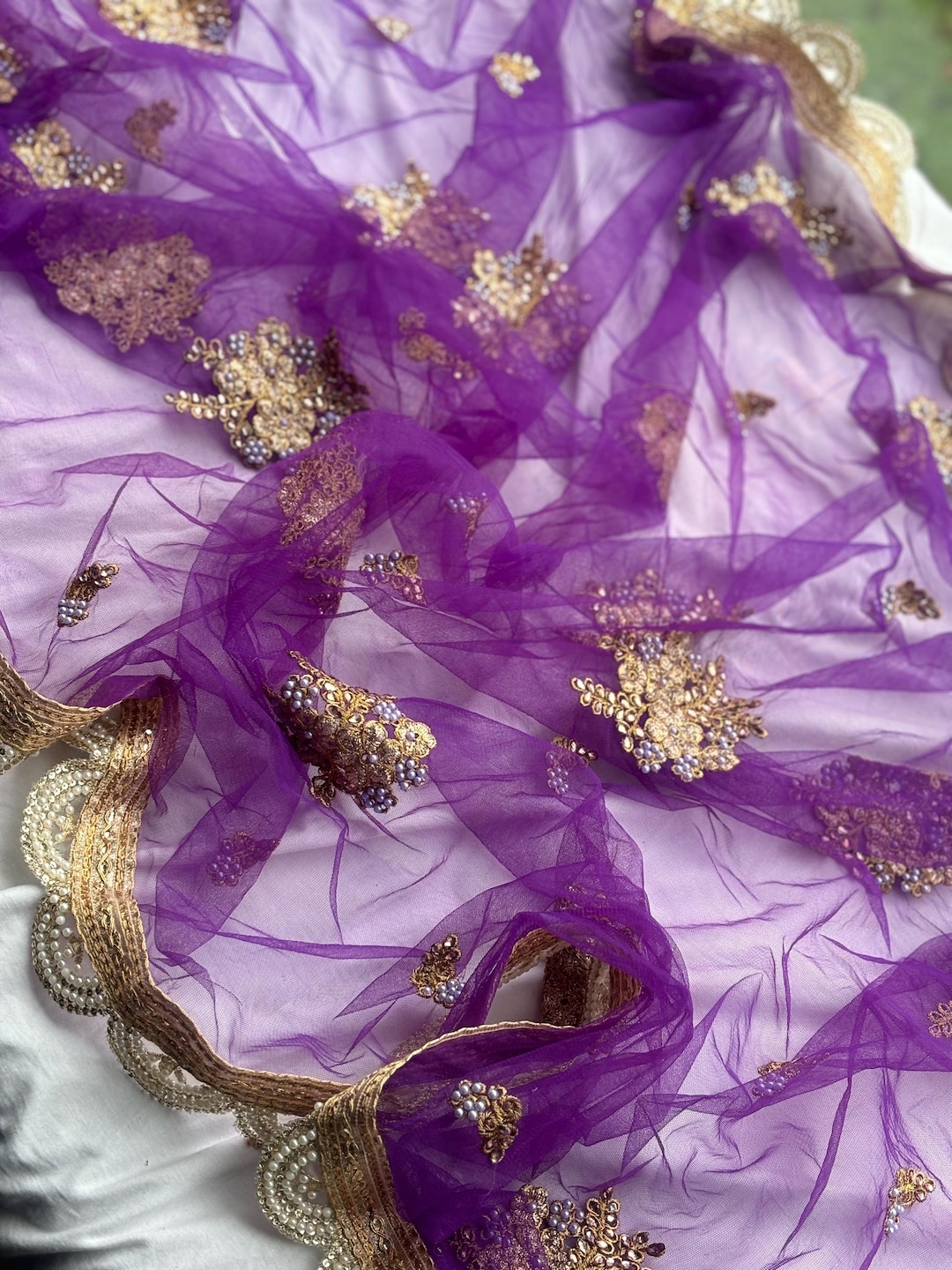 Purple Net Dupatta With Pearl Border Chunni - Etsy