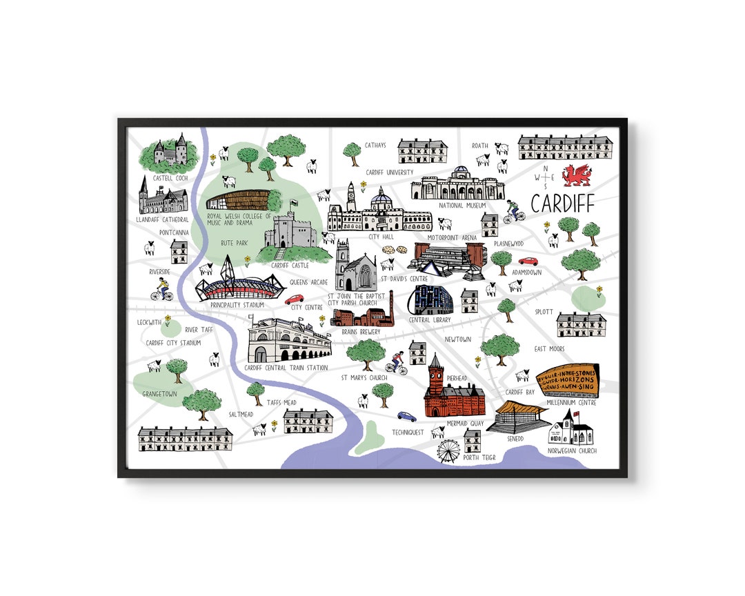 Cardiff Illustrated Map Art Print. A3/A4 Welsh Illustration - Etsy UK