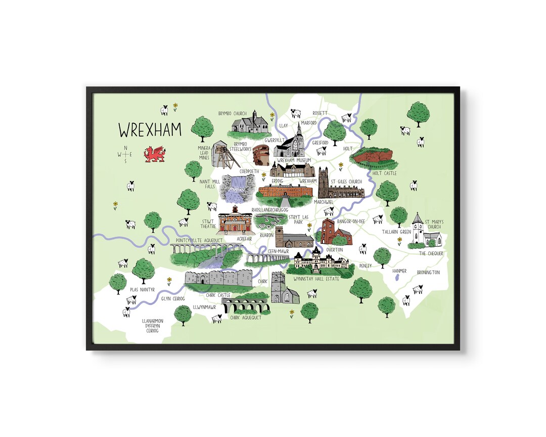 Wrexham Illustrated Map Art Print. A3 Welsh Illustration - Etsy UK