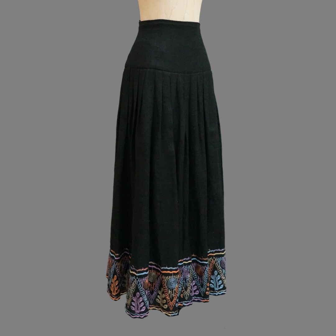 80s Terence Nolder Linen Maxi Skirt, Embroidered Rainbow Hem, Size ...
