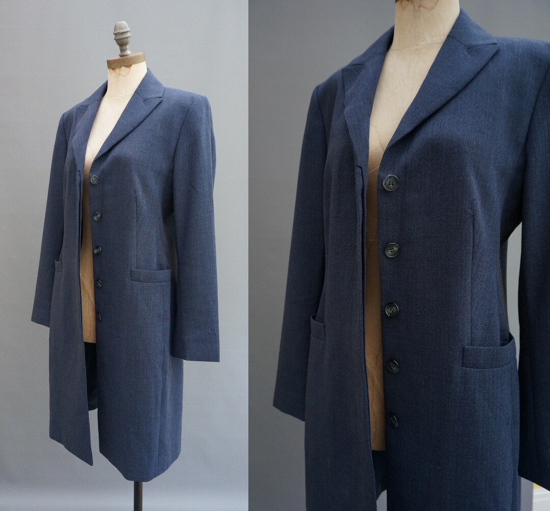 90's Laura Ashley Wool Navy Long Line Jacket Coat With Concealed Button ...