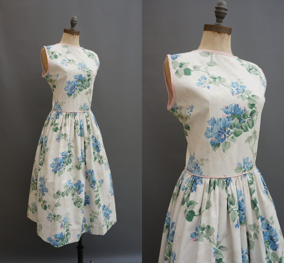 50's Blue Hydrangea Floral Print Cotton Dress With Pink Piping, 50s ...