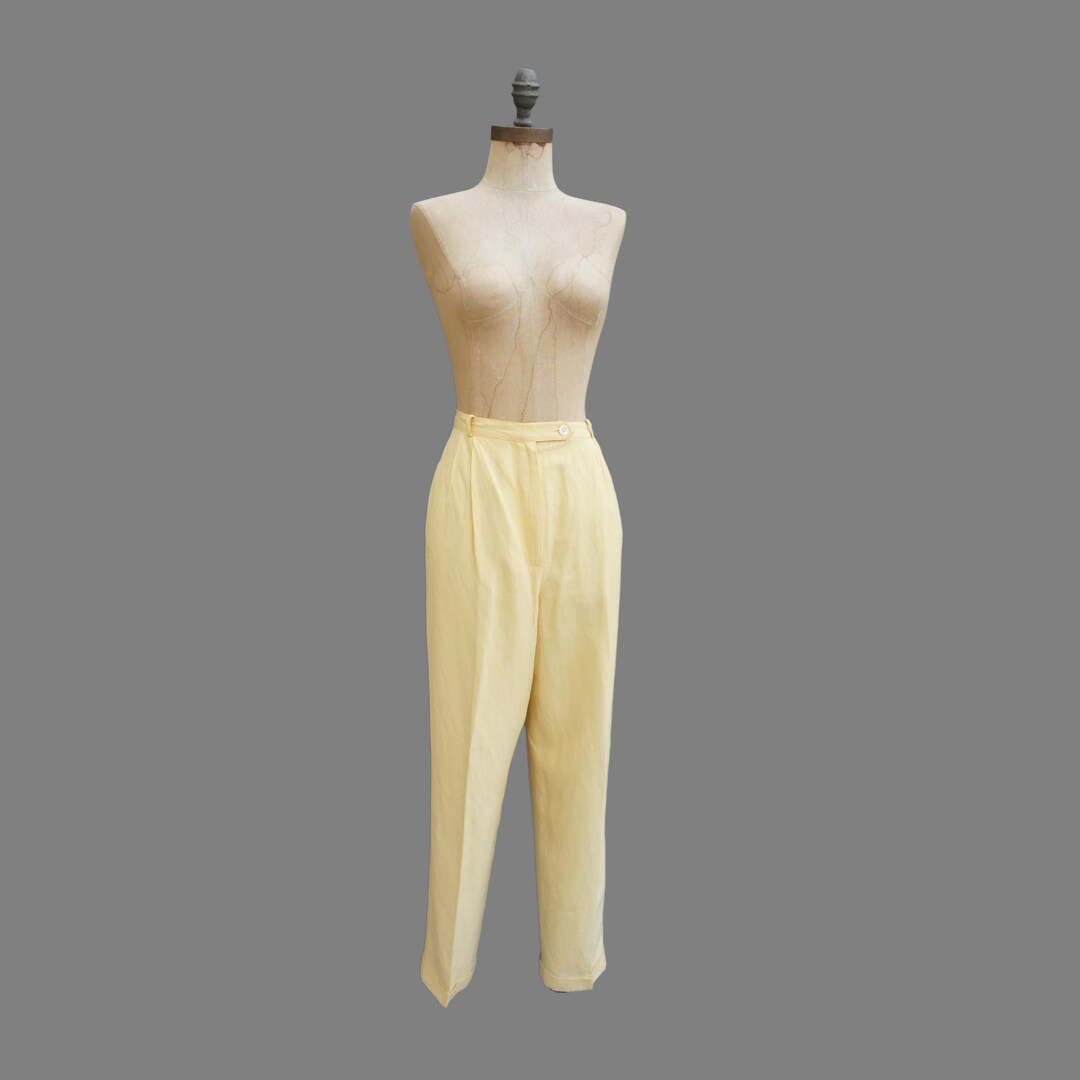 90's Pastel Yellow Linen and Silk Turn up Pleated Front Tapered ...