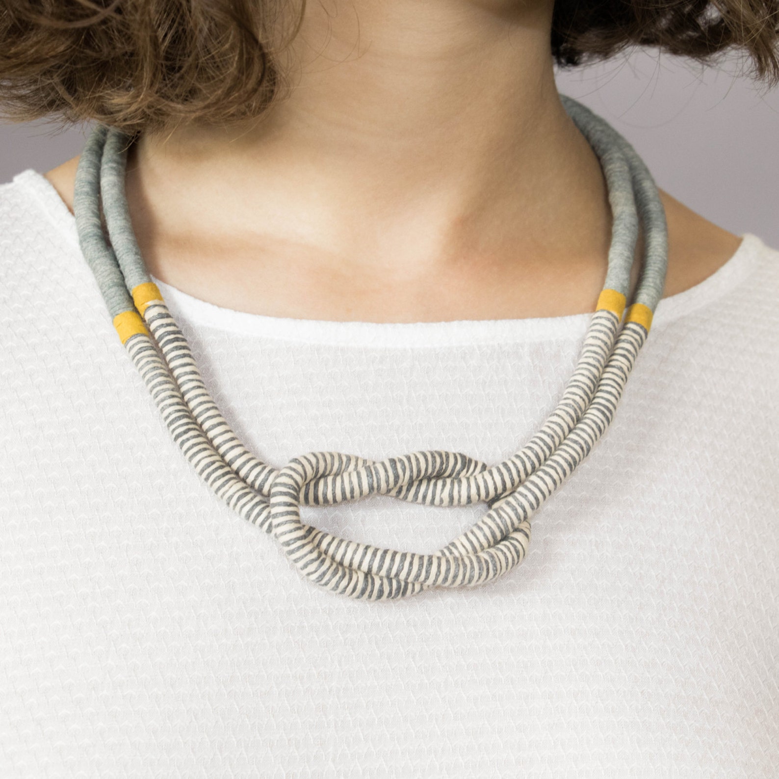 Grey and Yellow Striped Cotton Wrapped Cord Necklace, Statement Rope ...