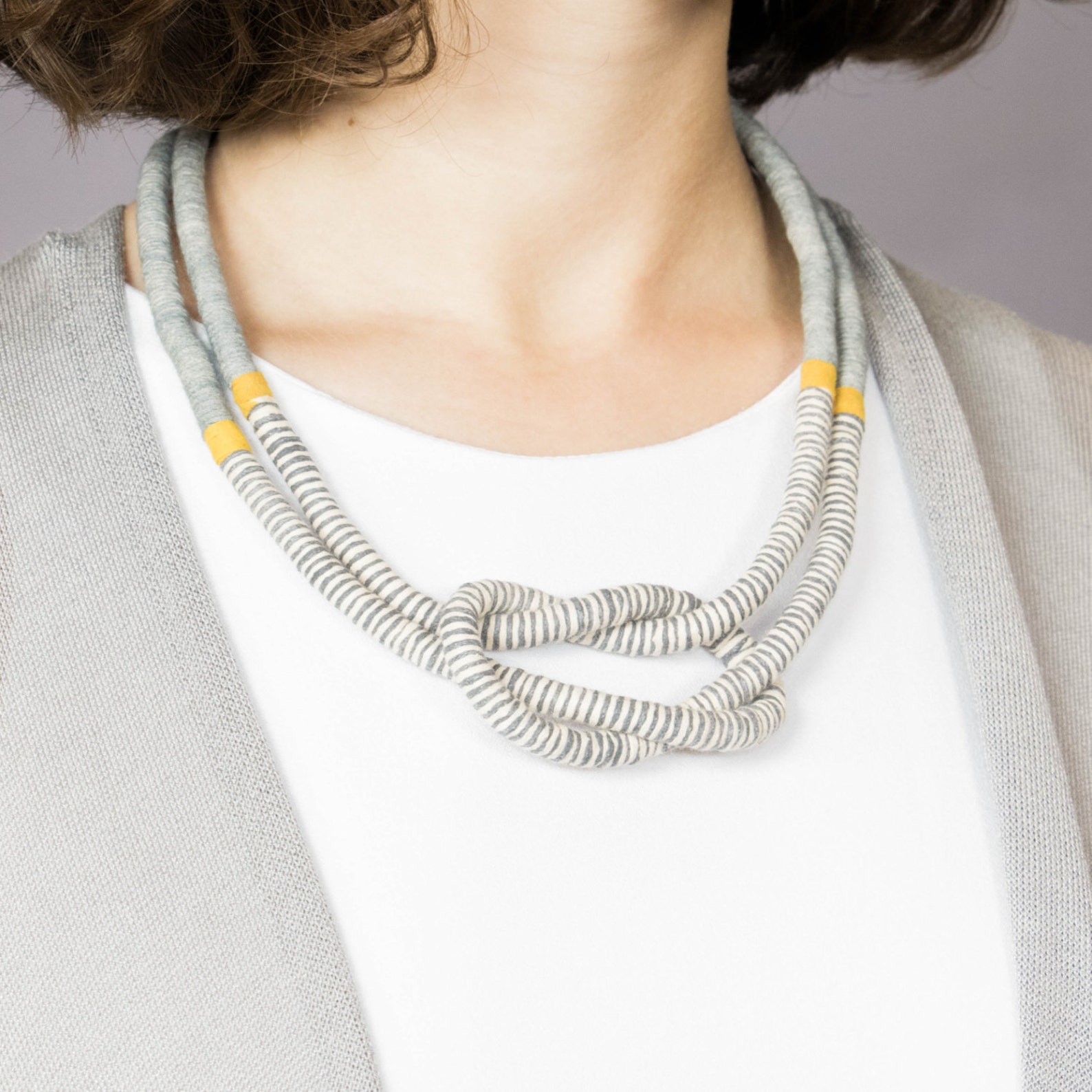 Grey and Yellow Striped Cotton Wrapped Cord Necklace, Statement Rope ...