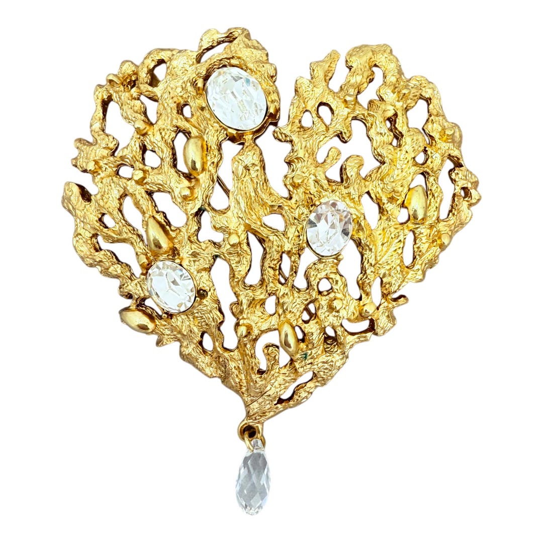Oscar De La Renta 22K Gold Coral Reef Heart Brooch With Crystals - Etsy