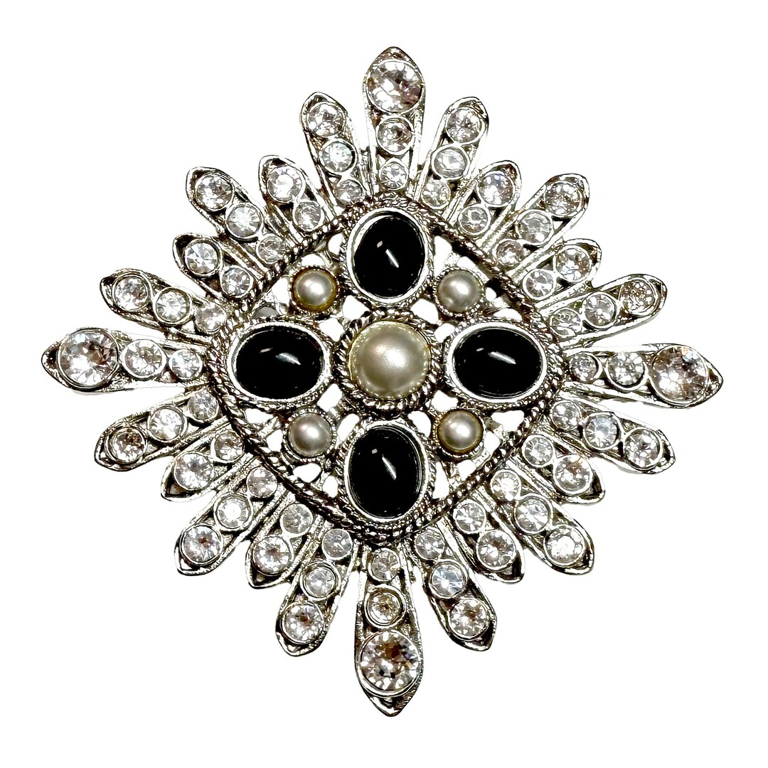 Kenneth Jay Lane Original Sample Brooch Black Cabochon Pearl Crystal 2. ...