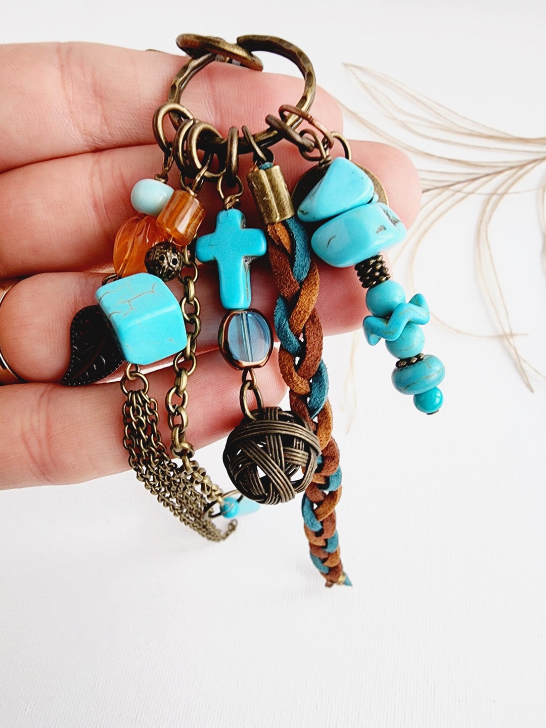 Turquoise Keychains for Women, Leather Tassel Keychain, Blue Leather ...