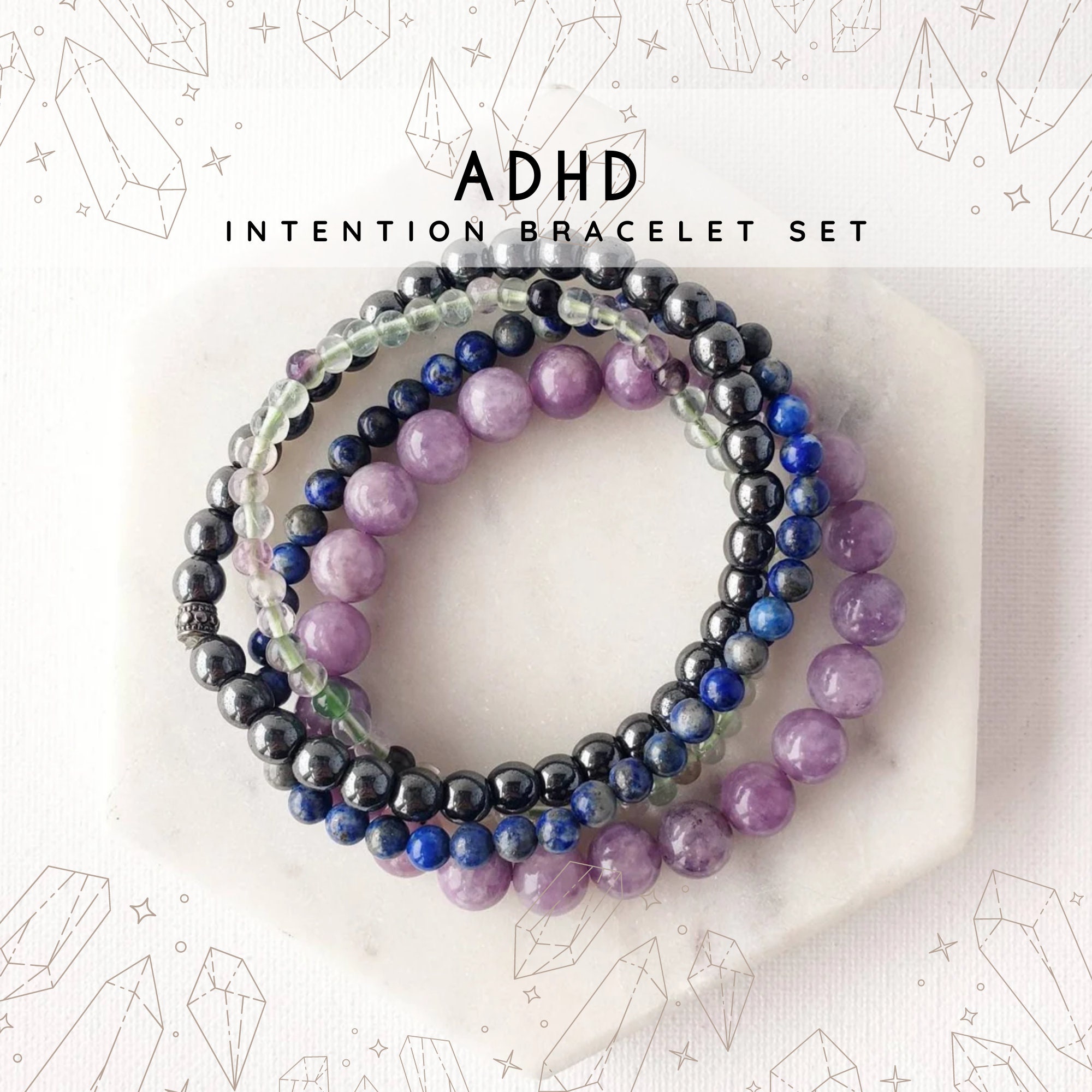 ADHD Bracelet Set for Calming Relief Attention Deficit Hyperactivity Disorder. Healing Crystals Hematite Lapis Lazuli Fluorite Lepidolite Etsy