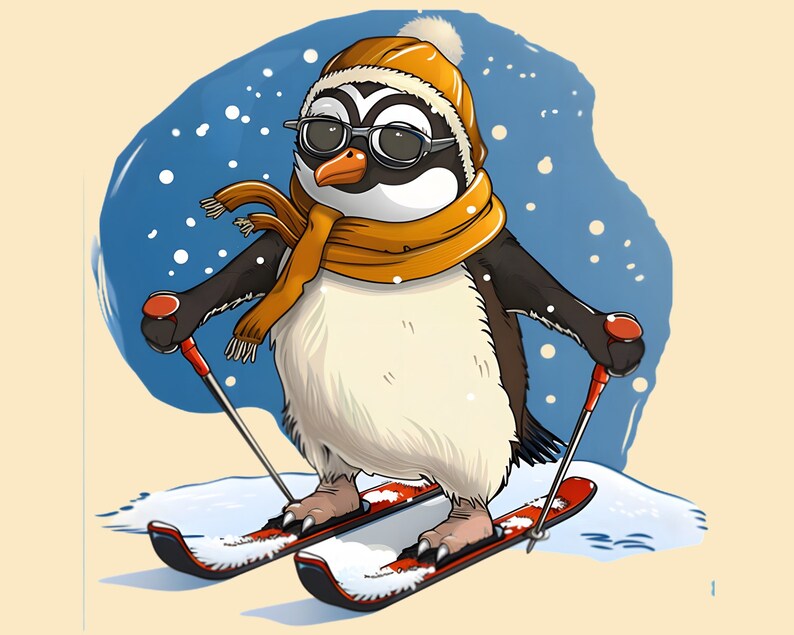 Penguin Winter Sports Clipart Funny Cute Arctic Animal Wildlife Digital ...