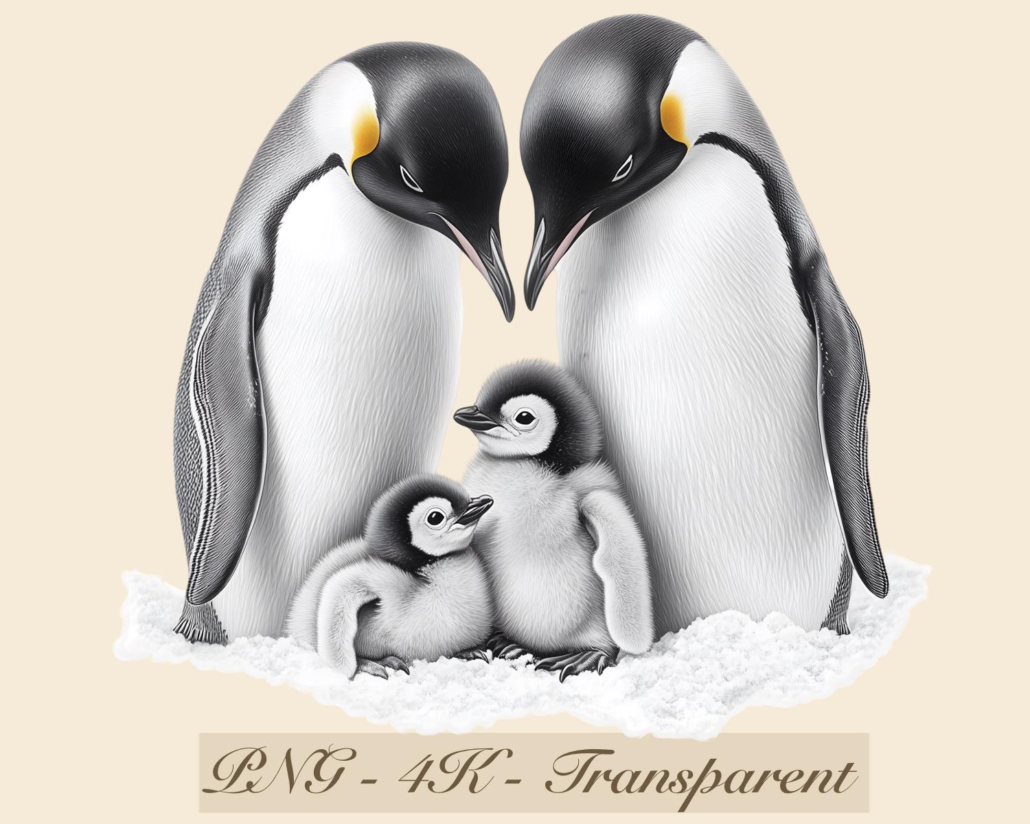 Pair of Penguins With Babies Realistic Animal Drawing Png Arctic Animal ...