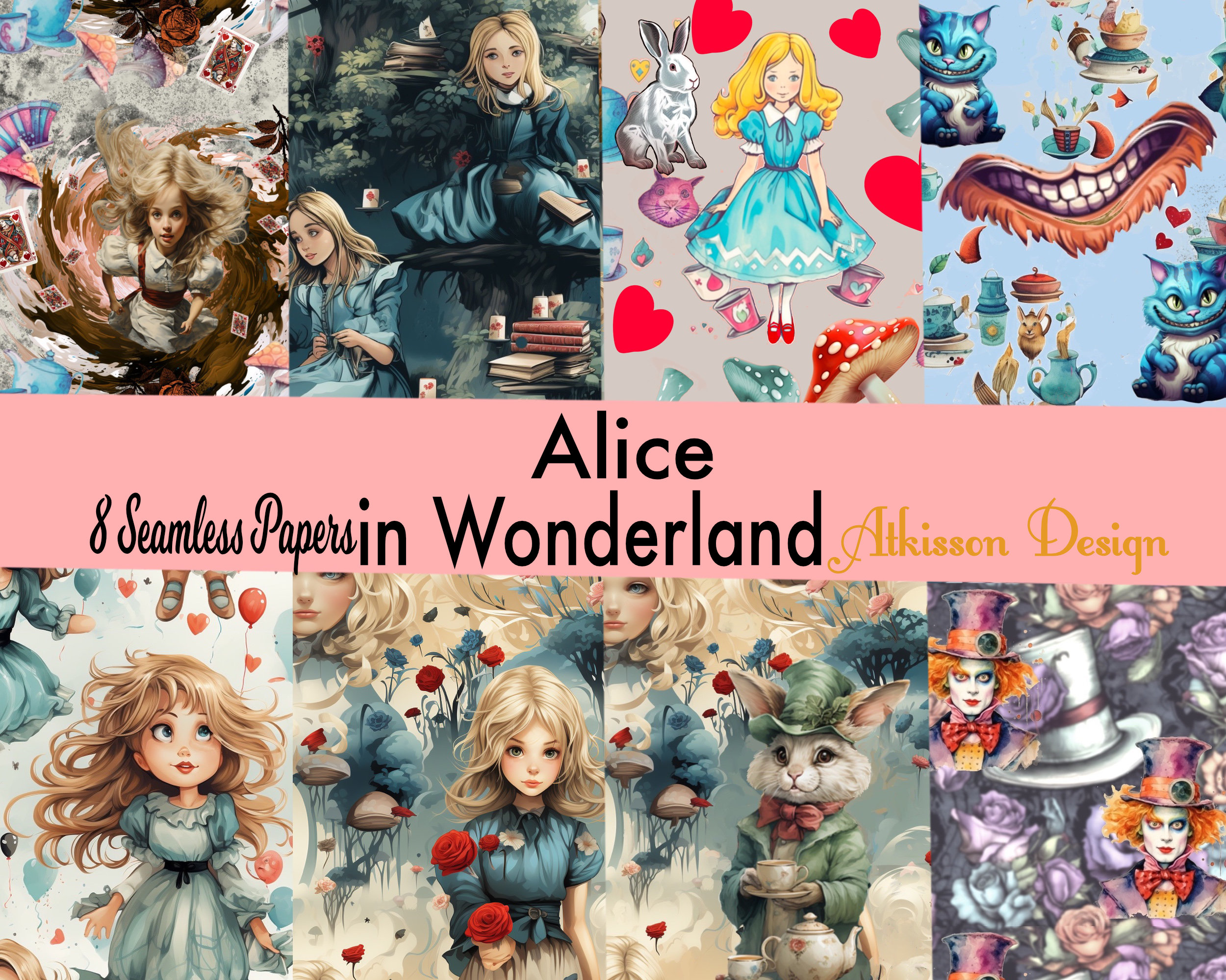 Alice in Wonderland Digital Paper Pack, Original Designer Papers, 8 ...