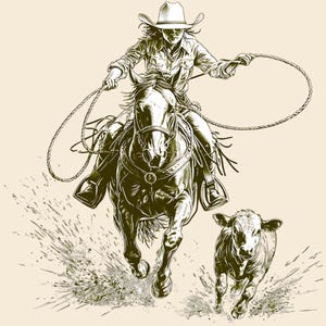 Cowgirl Roping Calf PNG Image Western Rodeo Digital Drawing Clip Art ...