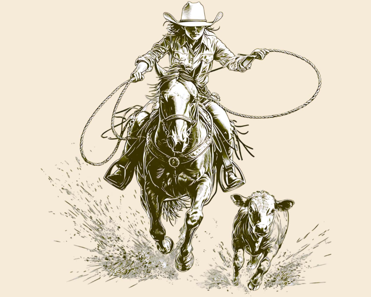 Cowgirl Roping Calf PNG Image Western Rodeo Digital Drawing Clip Art ...