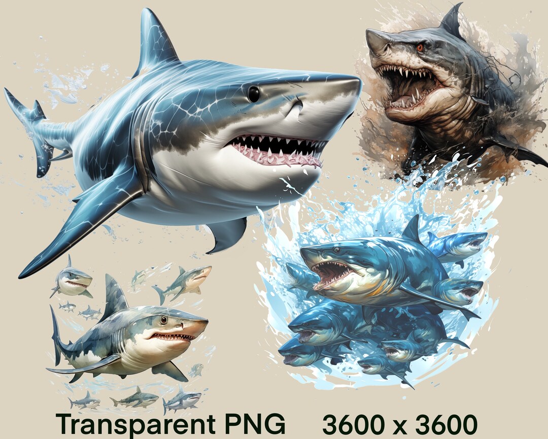 PNG Shark, Watercolor Artwork, Clipart, Set of 4 Individual Elements on ...