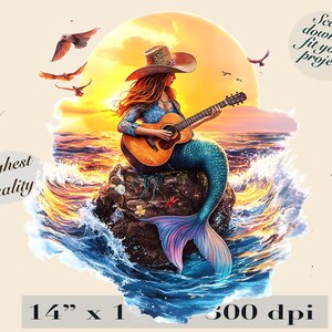 Cowgirl Mermaid PNG Sublimation Design Guitar Playing PNG Clipart Sea ...