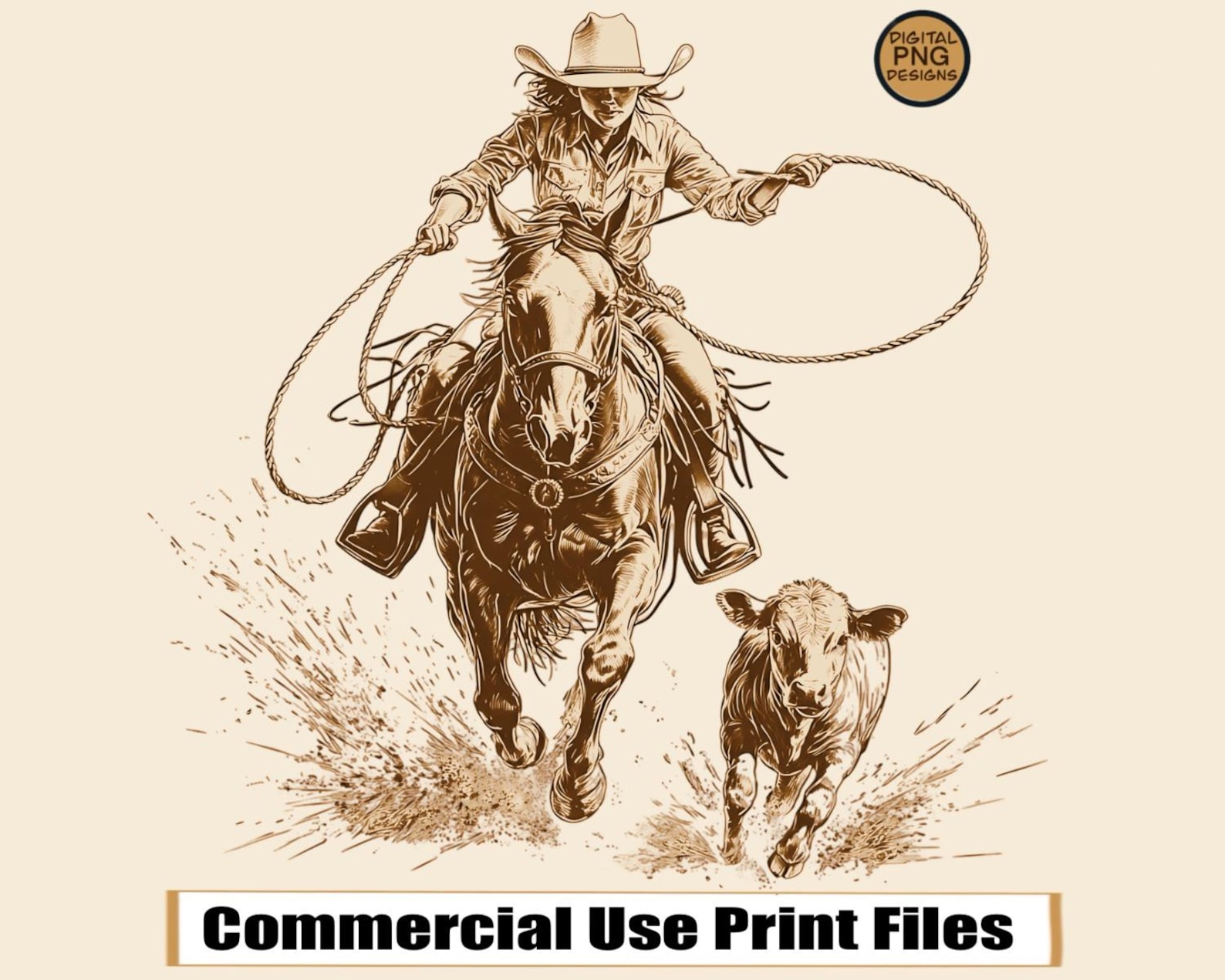 Cowgirl Roping Calf PNG Image Western Rodeo Digital Drawing Clip Art ...