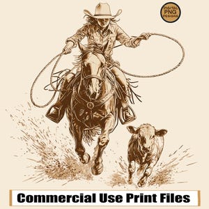 Cowgirl Roping Calf PNG Image Western Rodeo Digital Drawing Clip Art ...