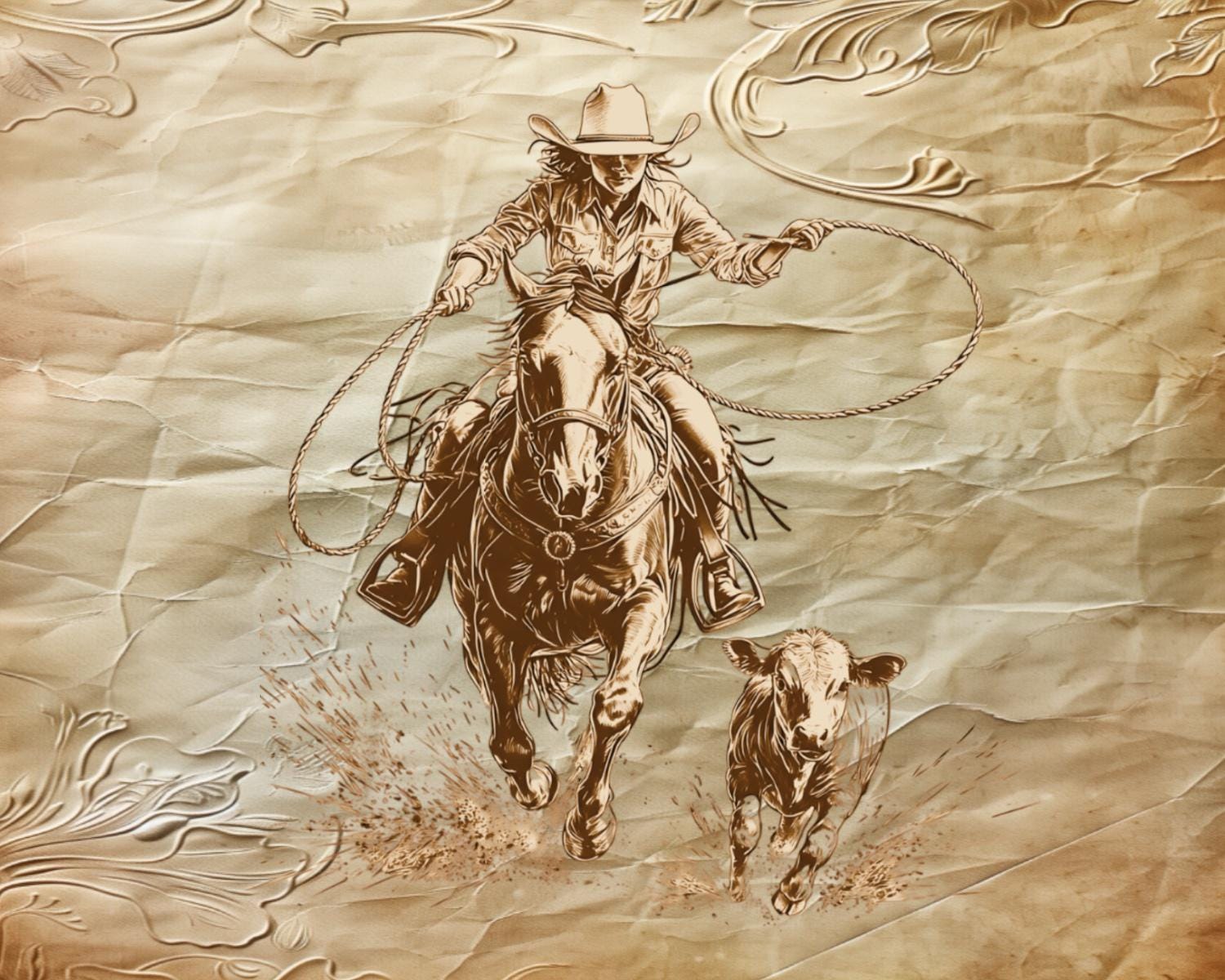 Cowgirl Roping Calf PNG Image Western Rodeo Digital Drawing Clip Art ...
