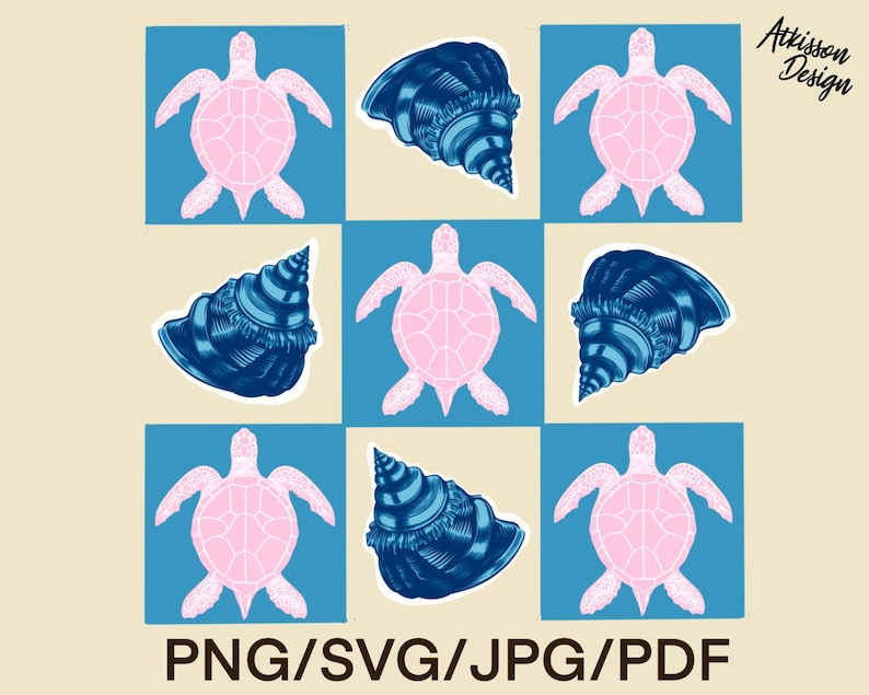 Sea Turtle & Shells PNG Sublimation Design 3X3 Grid SVG Clipart Marine ...
