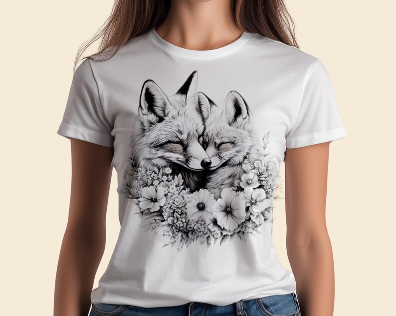 Foxes Realistic Animal Drawing PNG Image File Grayscale Fox Floral 4K ...
