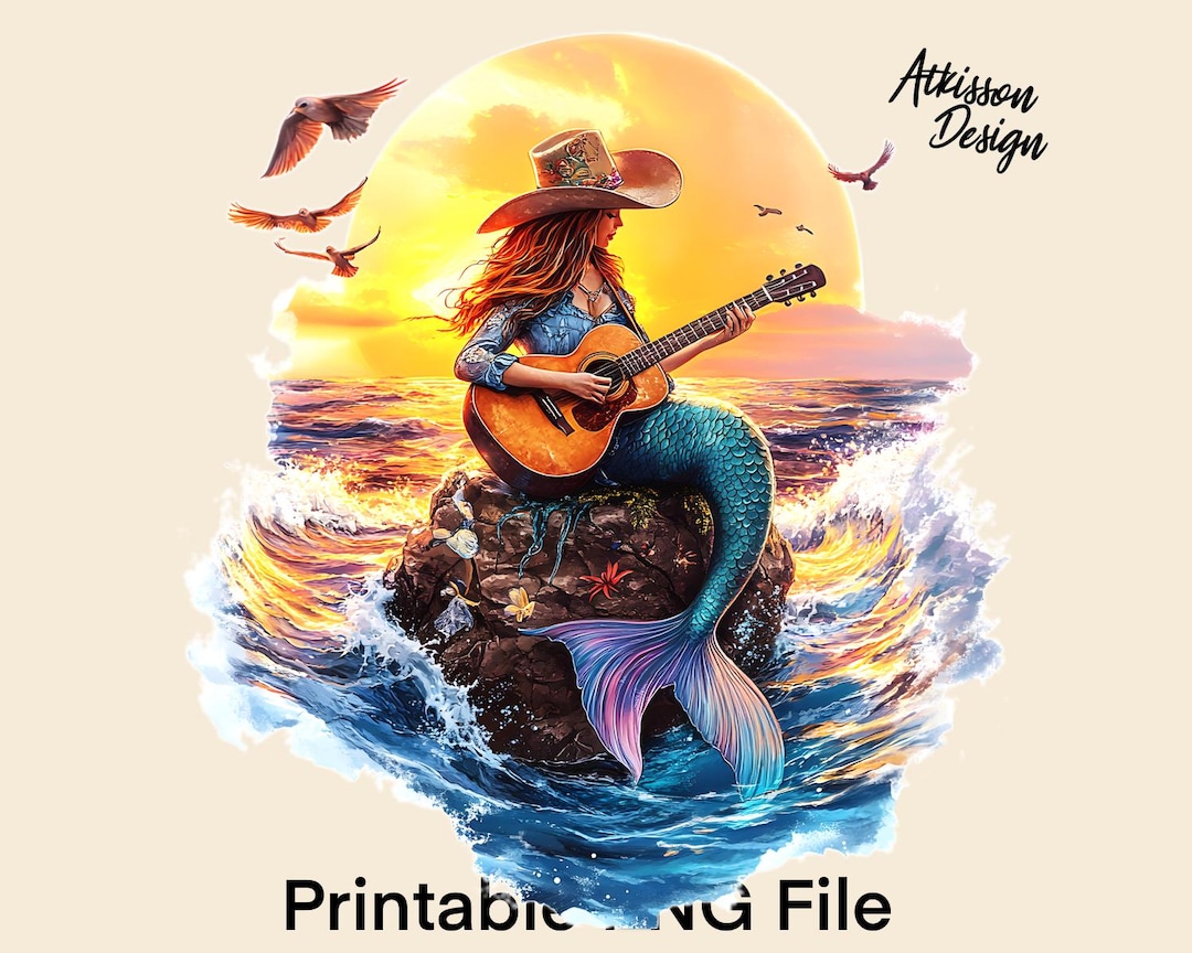 Cowgirl Mermaid PNG Sublimation Design Guitar Playing PNG Clipart Sea ...