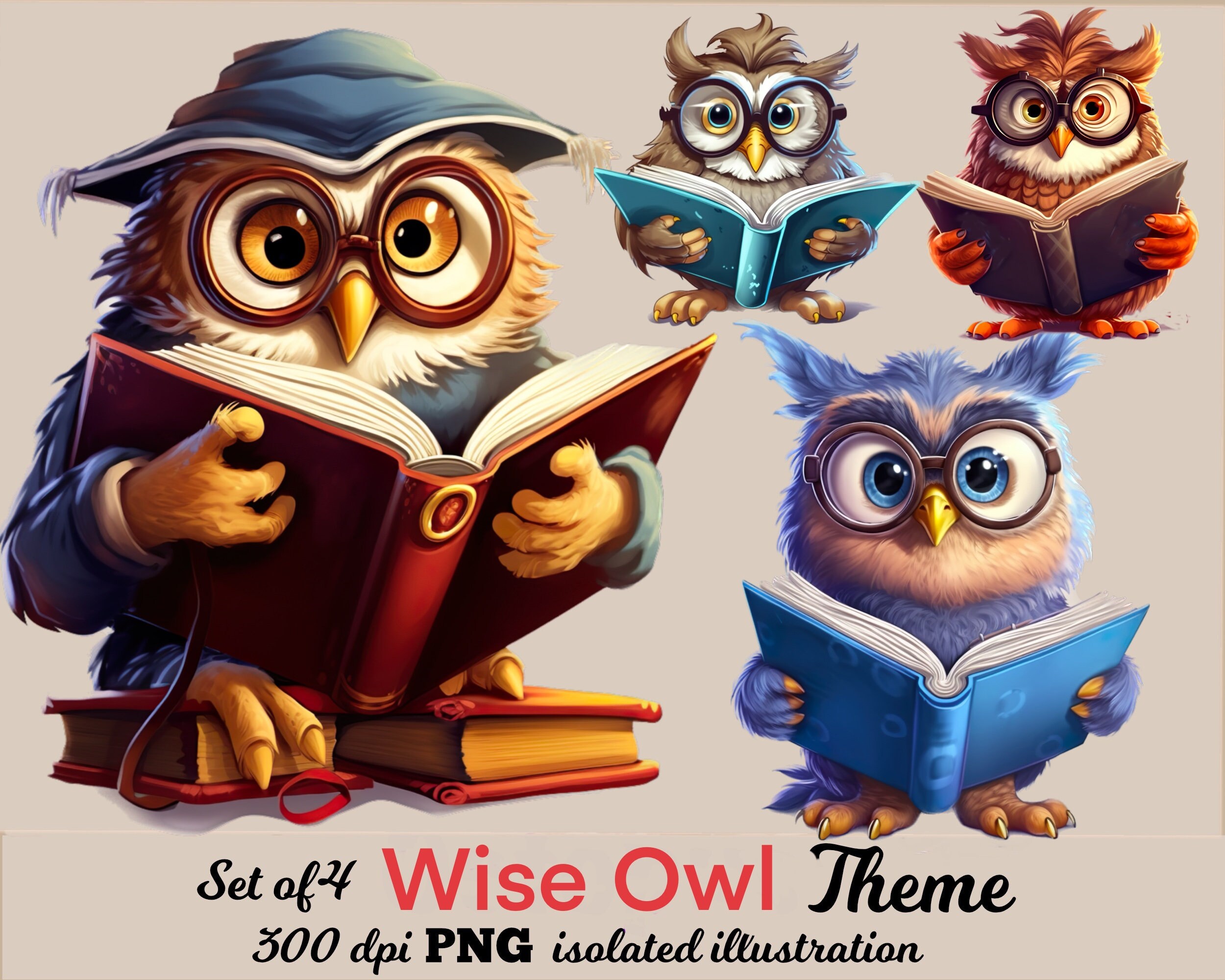 PNG Wise Owl Reading, Cartoon, Vtuber Asset, Transparent Png Set of 4 ...