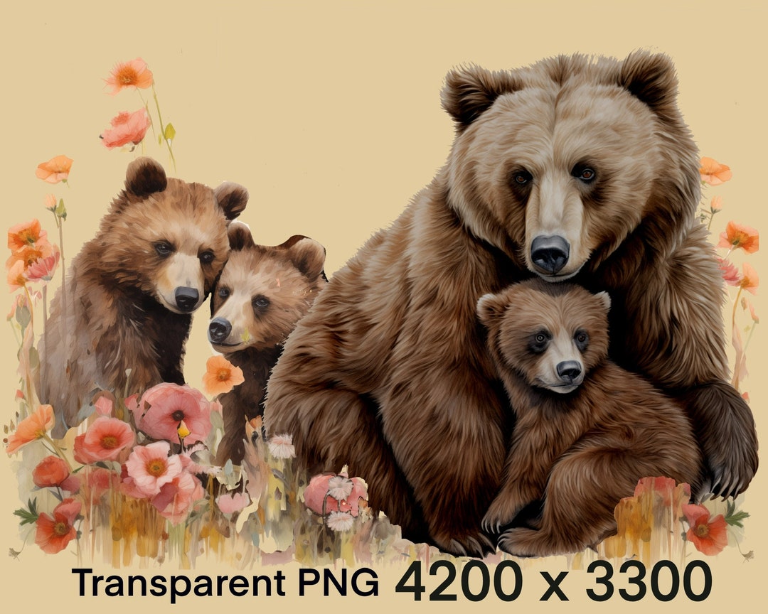 PNG Mother Bear and Cubs Sitting Among the Flowers, Watercolor Clipart ...