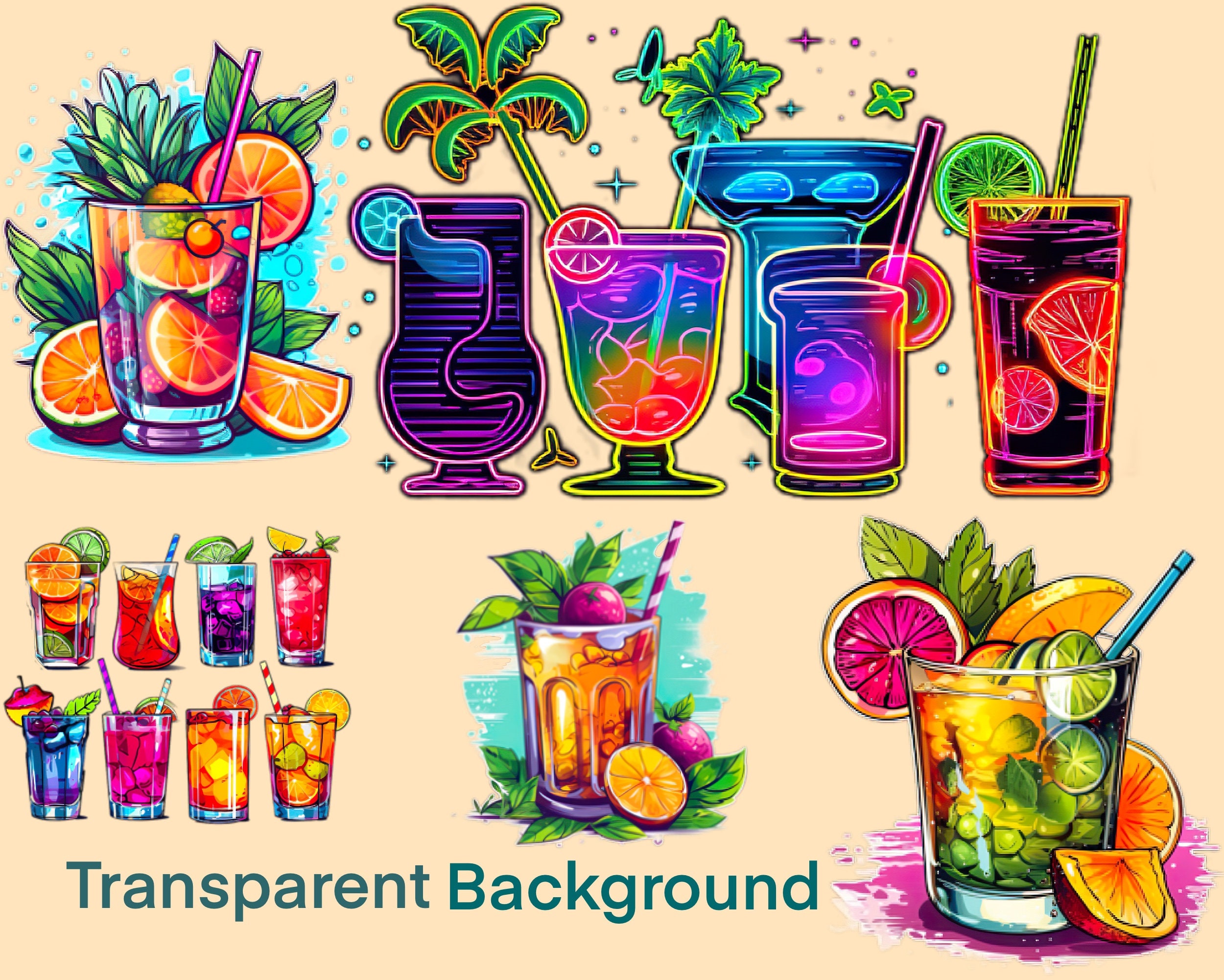 PNG Summer Cocktail Clipart, Set of 5 Individual Elements on ...