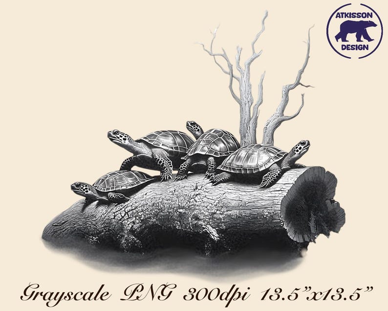3D Illusion Grayscale PNG Turtles on a Log Intricate High Quality PNG ...