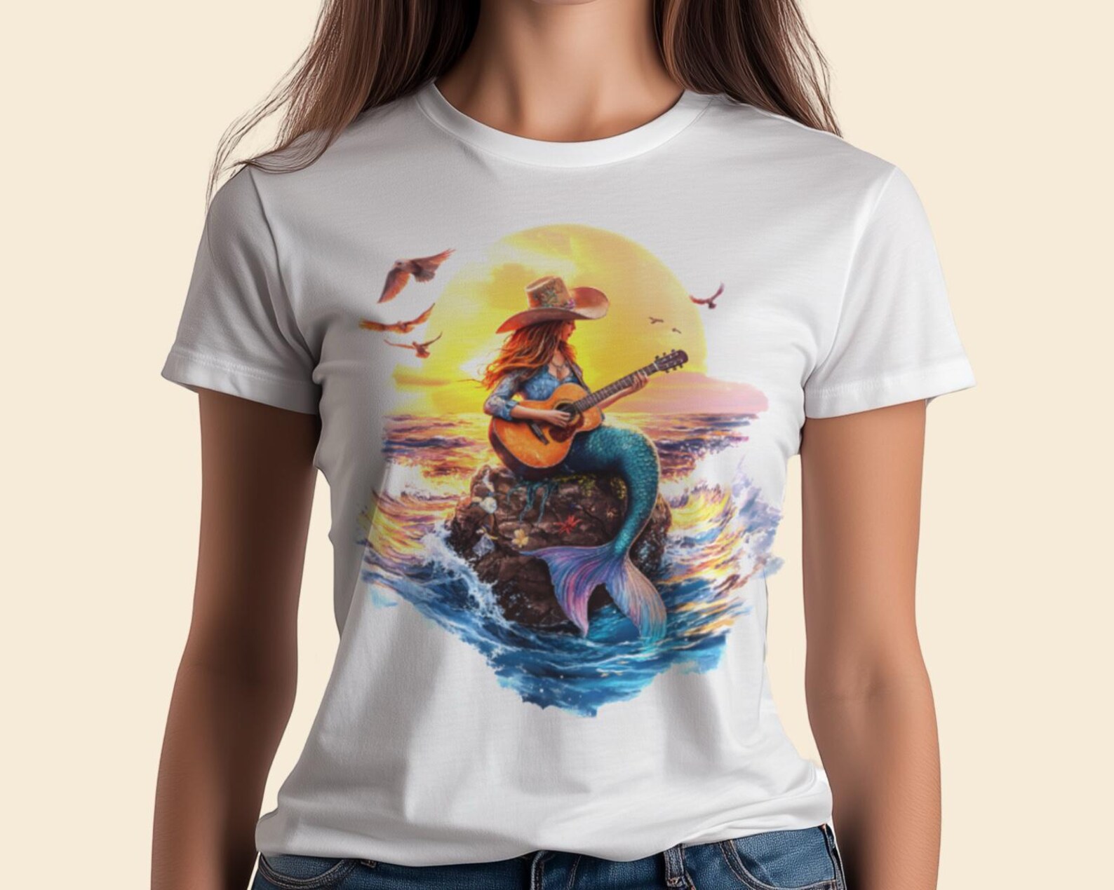Cowgirl Mermaid PNG Sublimation Design Guitar Playing PNG Clipart Sea ...