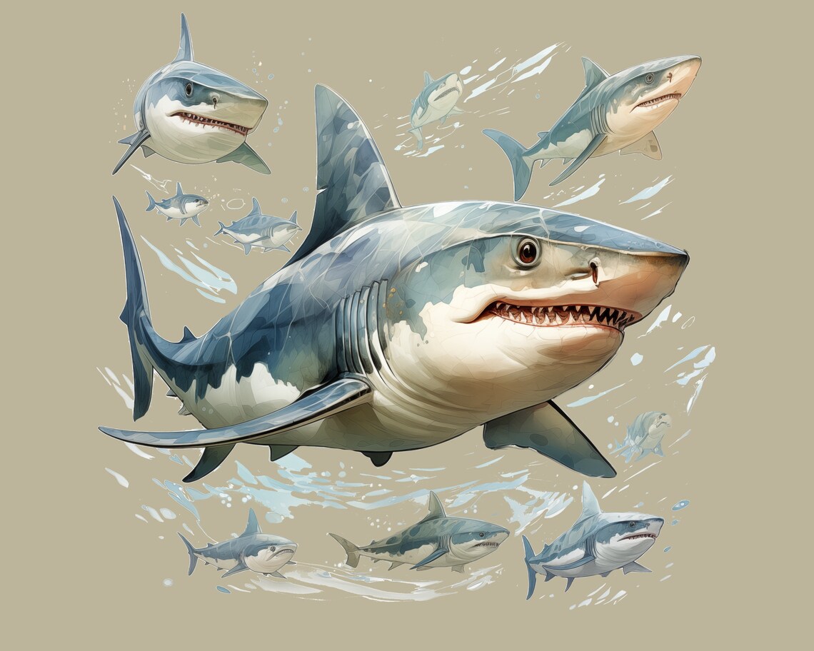 PNG Shark Watercolor Artwork Clipart Set of 4 Individual - Etsy