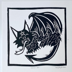 Demon Cat Linocut Print. Witches Familiar. Drawlloween 2020. Linocut ...