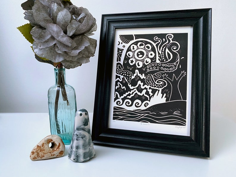 The Summoning. Eldritch Terror Linocut 6x8" Horror Wall Art. Limited ...