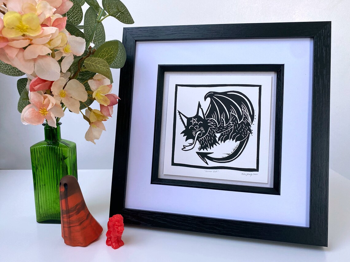 Demon Cat Linocut Print. Witches Familiar. Drawlloween 2020. Linocut ...