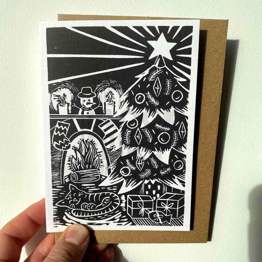 Linocut Christmas Card. by the Fireplace. Black and White Cute Cat Xmas ...