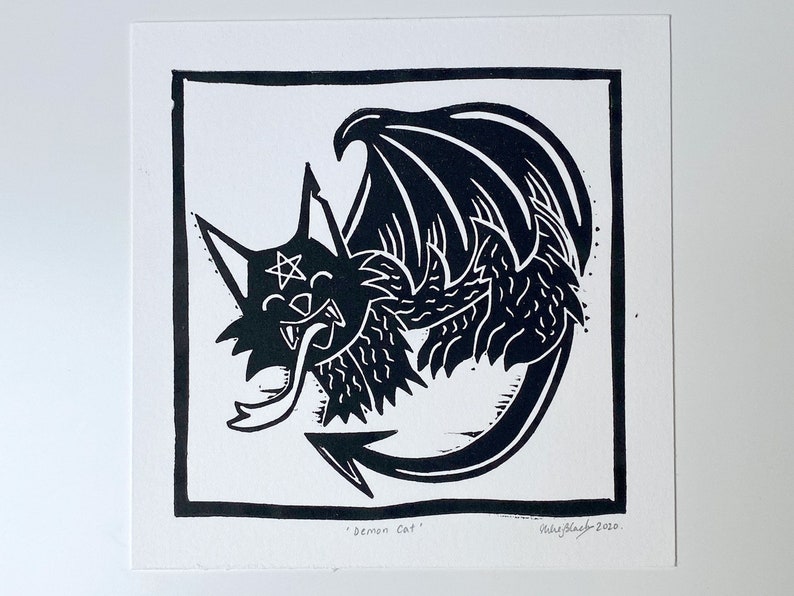 Demon Cat Linocut Print. Witches Familiar. Drawlloween 2020. Linocut ...