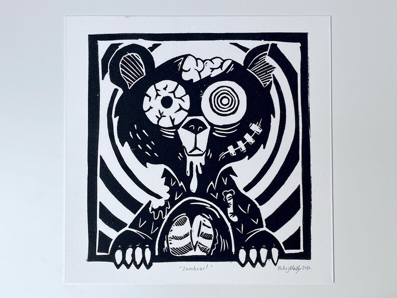 Zombear Scary Creepy Cute Linocut Blockprint. Zombie Bear. - Etsy