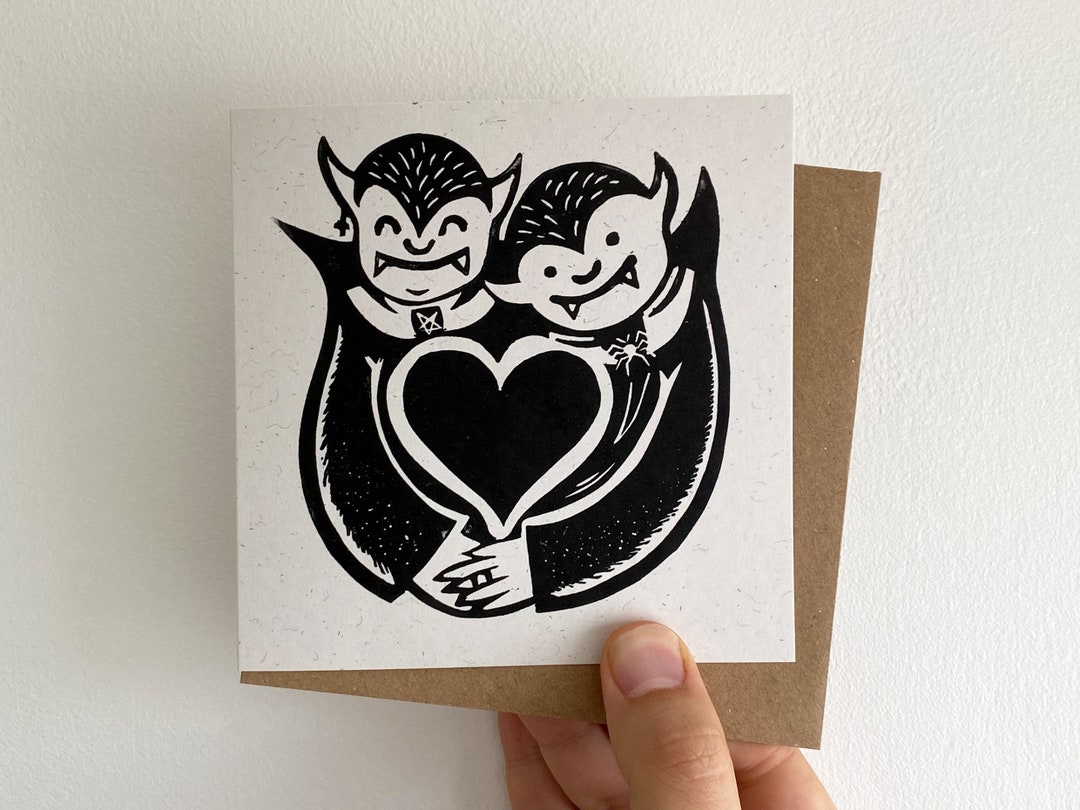 Vampire Hug Linocut Card. Black Heart. Special Greetings Card for Goths ...