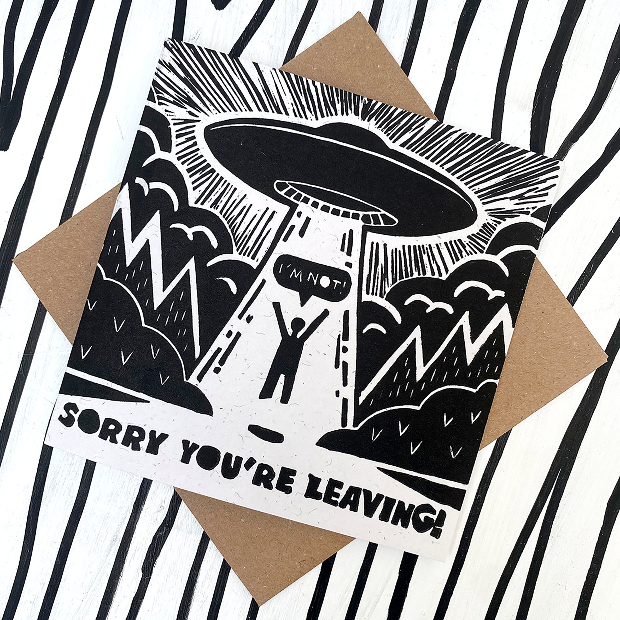Sorry You're Leaving on a UFO Linocut Card. Hand Printed - Etsy