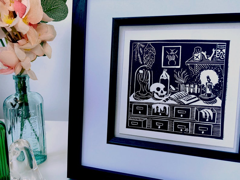 The Apothecary. Spooky Linocut Print. Drawlloween Halloween - Etsy UK