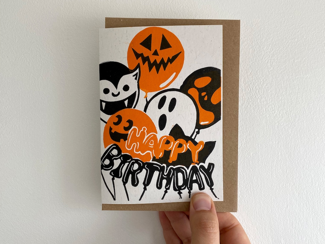 Spooky Birthday Balloons Linocut Card. Handmade Cute and Funny ...