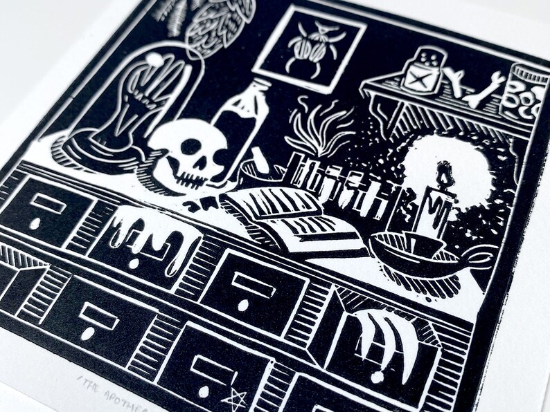 The Apothecary. Spooky Linocut Print. Drawlloween Halloween - Etsy UK