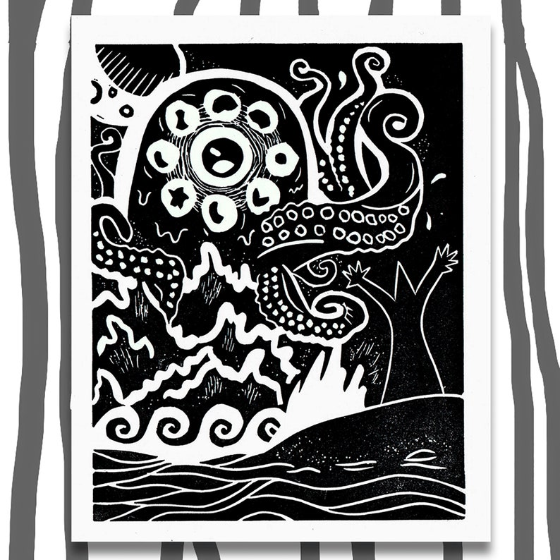 The Summoning. Eldritch Terror Linocut 6x8" Horror Wall Art. Limited ...
