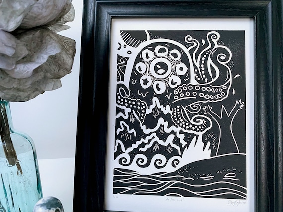 The Summoning. Eldritch Terror Linocut 6x8 Horror Wall - Etsy