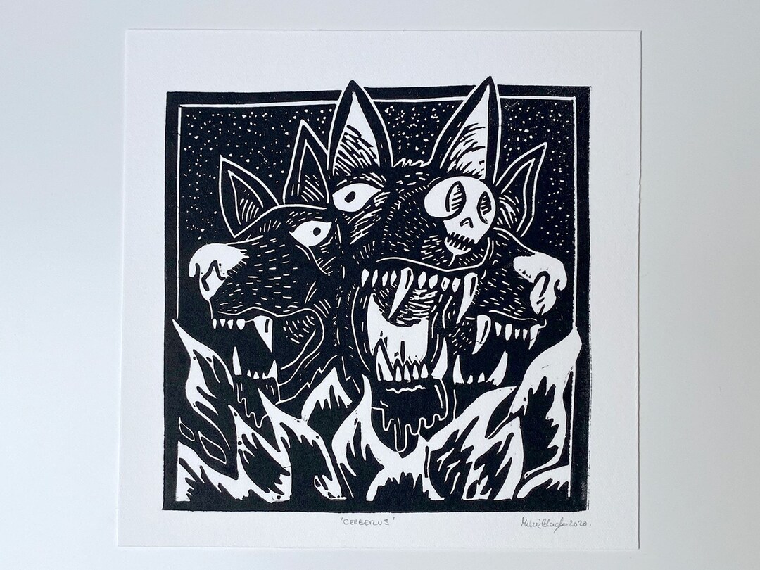Hellhound. Horror Decor Art. Linocut Print. Cerberus Dog. Gods and ...