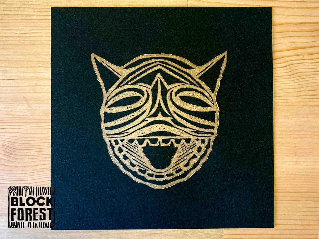 Gargoyle Mask Linocut Print. Black and Gold Handmade Wall Art for ...