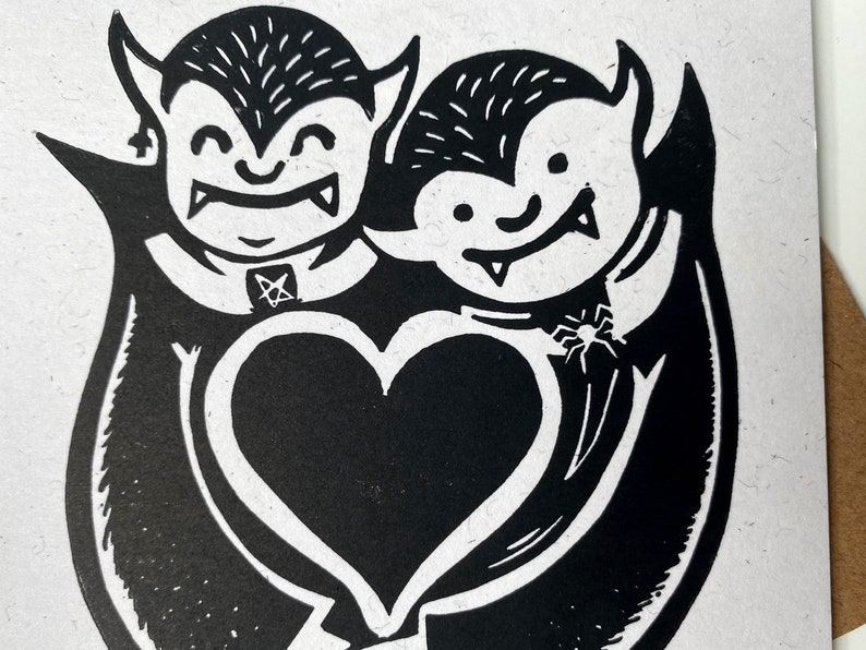 Vampire Hug Linocut Card. Black Heart. Special Greetings Card for Goths ...