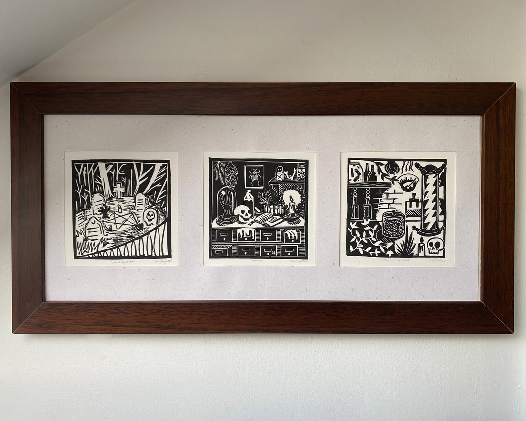 Linocut Spooky Scenes Triptych: Graveyard, Laboratory, Apothecary ...