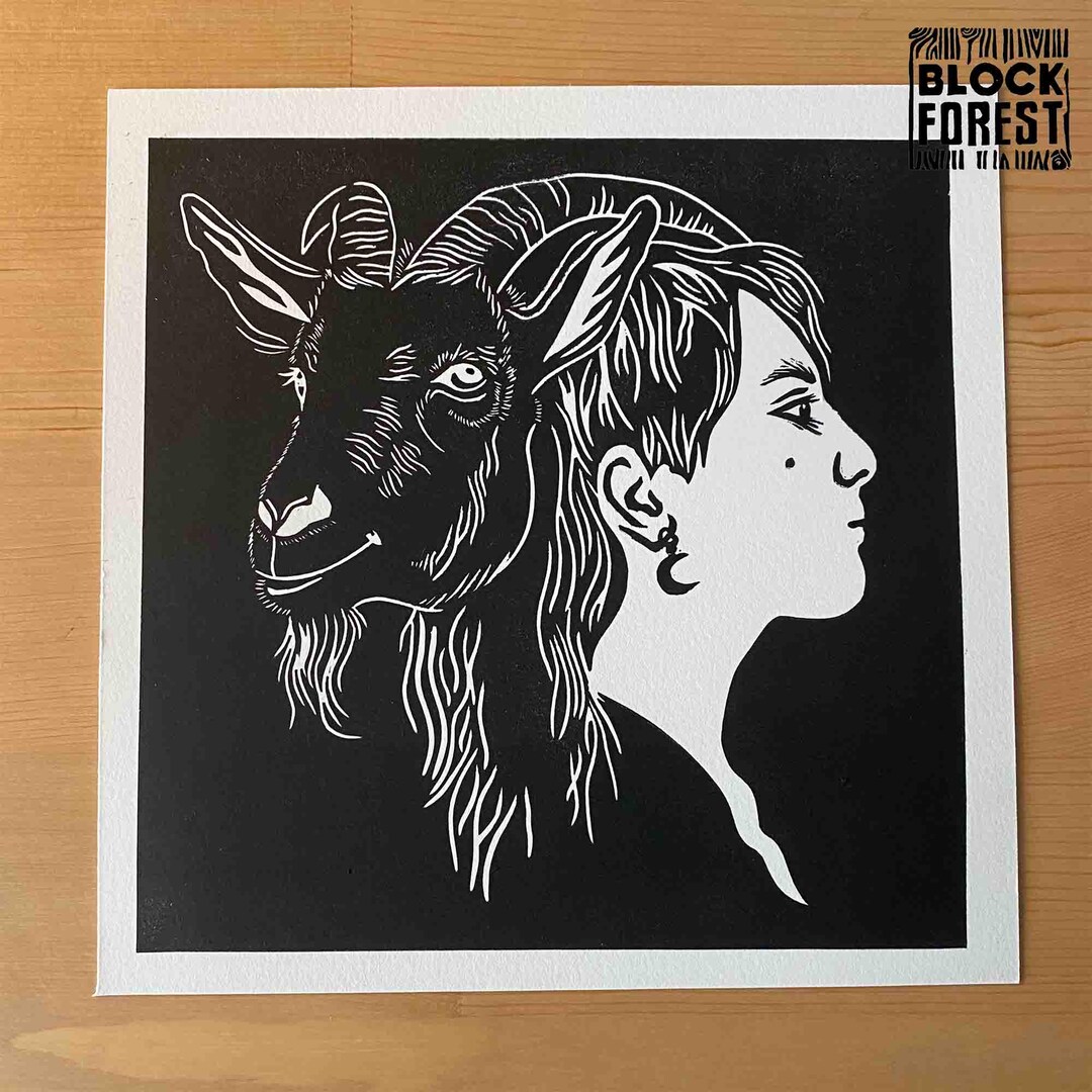 The Devil and I. Witch and Goat Linocut Horror Decor Print. Open ...